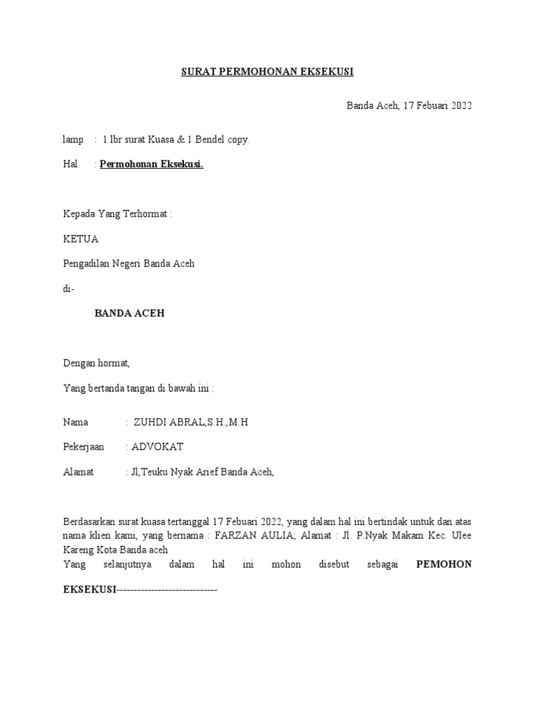 Permohonan Eksekusi Putusan Perdata | PDF