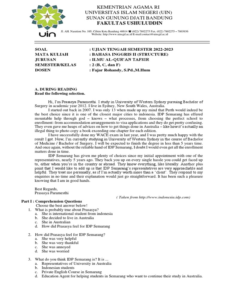 Soal Uts (Structure) Iat SMTR 2 2022-2023 | PDF