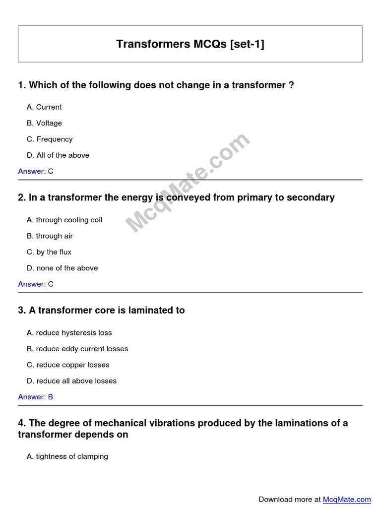 Transformers Solved MCQs [Set-1] McqMate.com | PDF | Transformer | Electricity