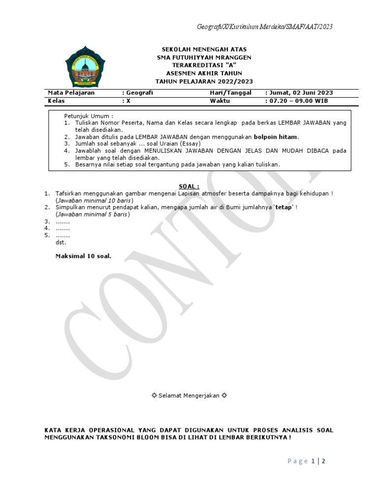 Contoh Format Soal Aat 22-23 Kelas X | PDF