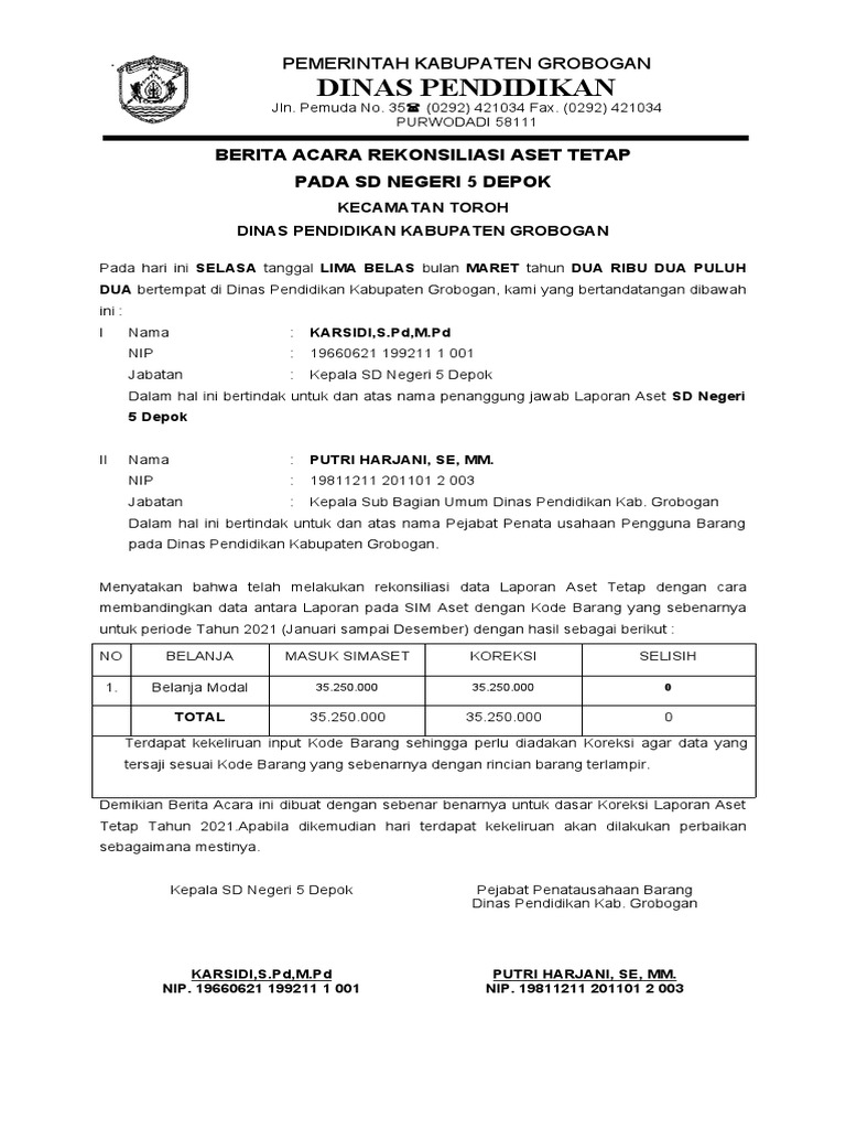 BA Rekon Aset Tetap SDN 5 DEPOK 2021 | PDF