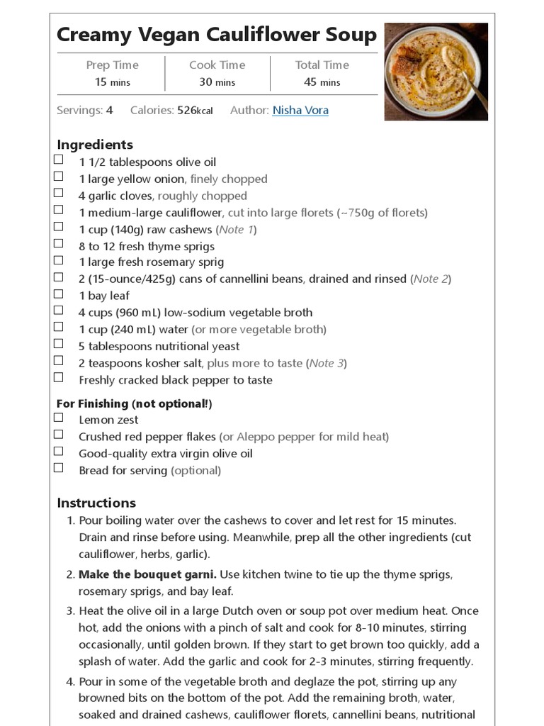 Creamy Vegan Cauliflower Soup - Rainbow Plant Life | PDF | Soup | Garlic