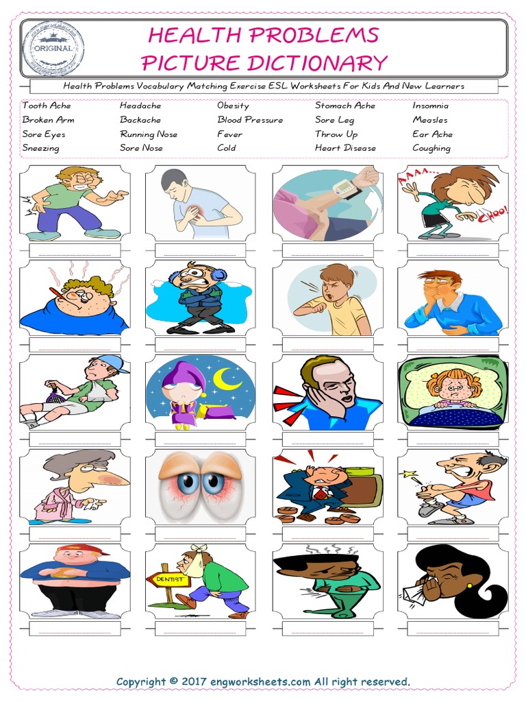 Health Problems Vocabulary Matching Exercise ESL Worksheets For Kids ...