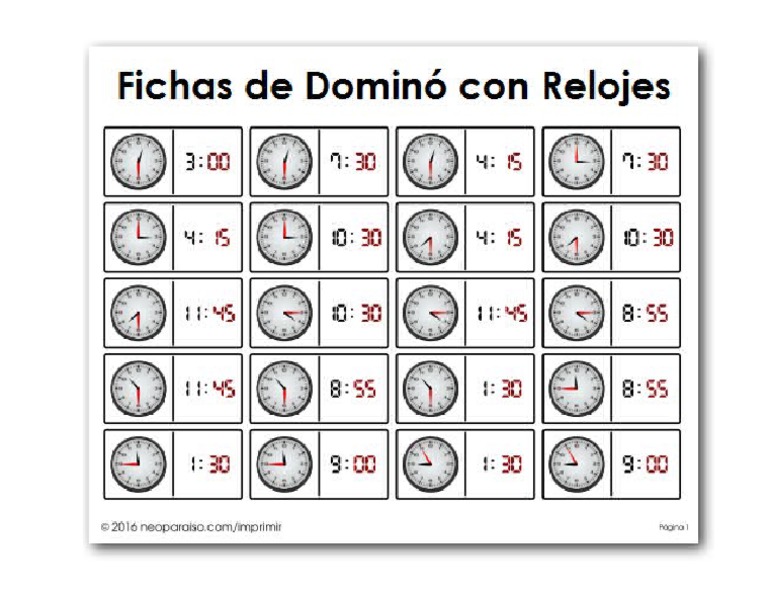 Domino de Relojes 3ero Básico | PDF
