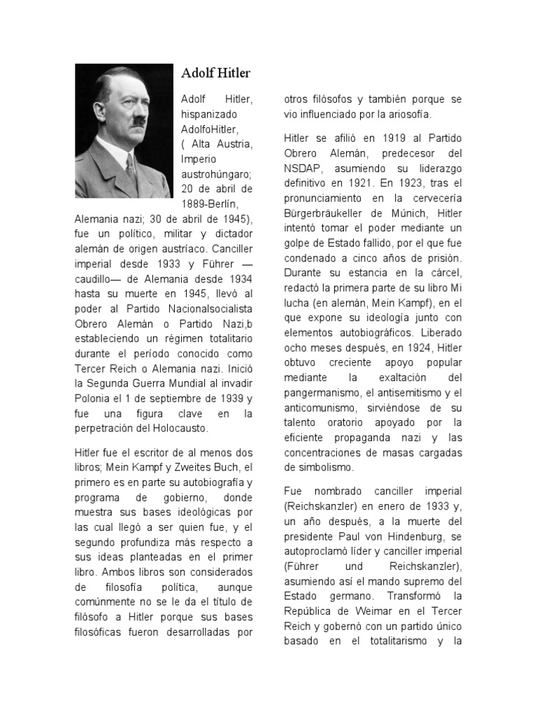 Biografía de Adolf Hitler: Vida y legado | PDF | Adolf Hitler ...