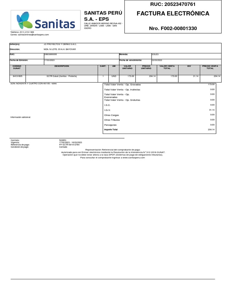 Factura Electrónica Sanitas Perú S.A. | PDF | Tecnología bancaria | Pagos