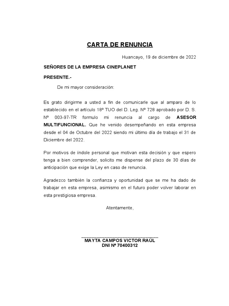 Carta de Renuncia | PDF | Finanzas y dinero