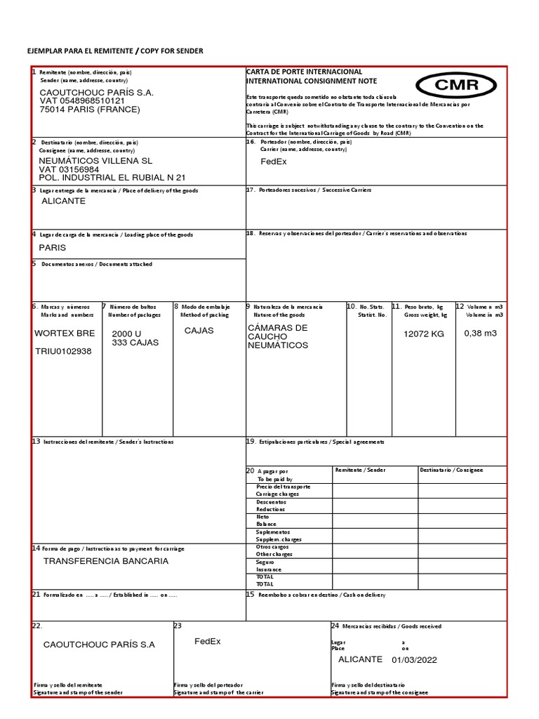 UITA-Documento Transporte Mercancias Carta Internacional de Porte CMR | PDF