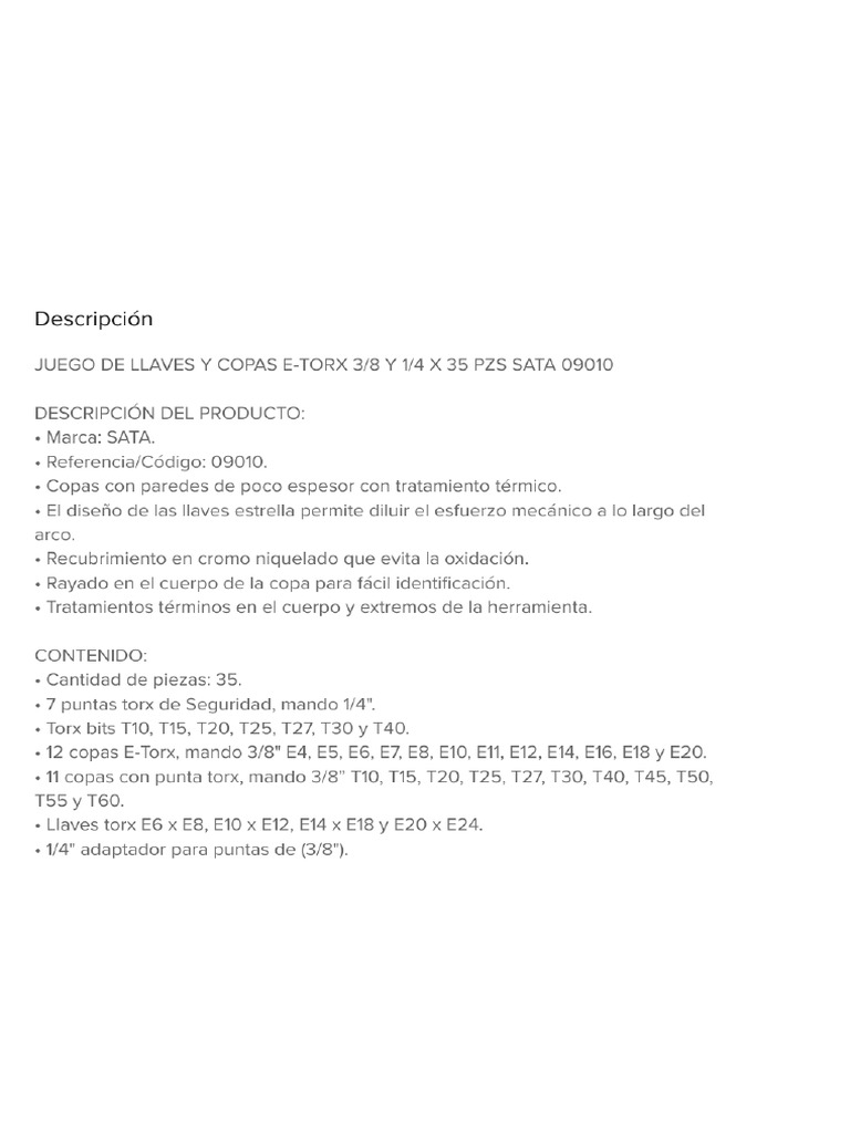 Ficha Tecnica Juego Llaves Torx | PDF