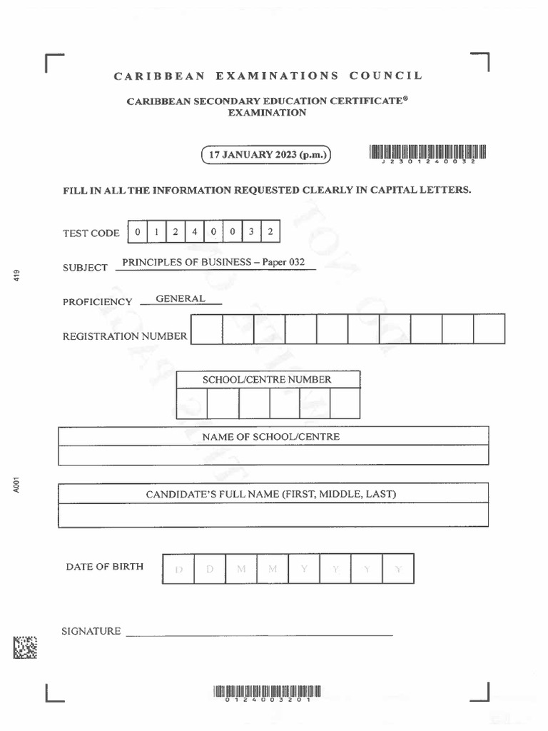 Principles of Business Paper 032 Jan 2023 Csec | PDF