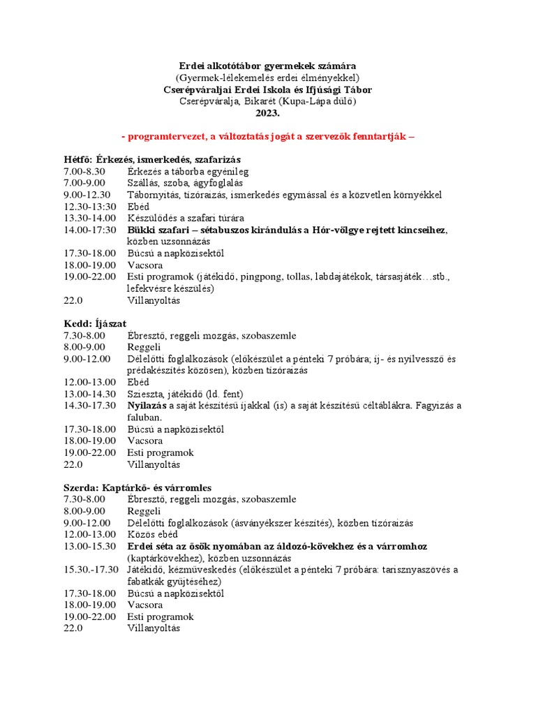 2023 Csva Erdei Alkotótábor Program | PDF