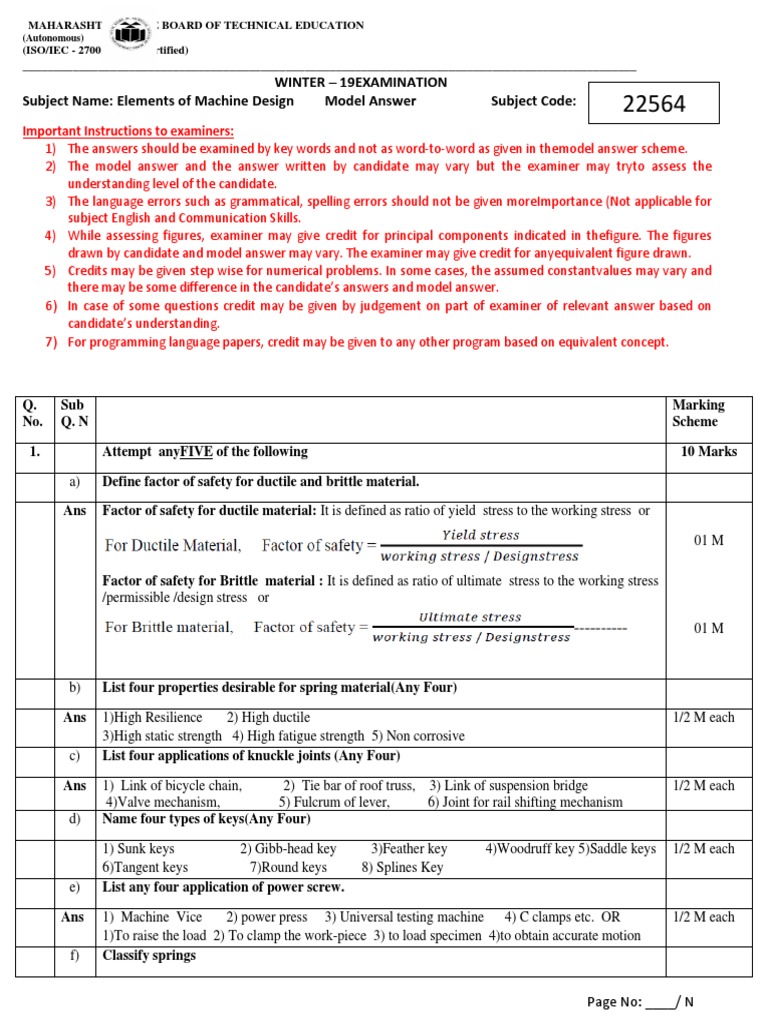 2019 Winter Model Answer Paper | PDF | Strength Of Materials | Screw
