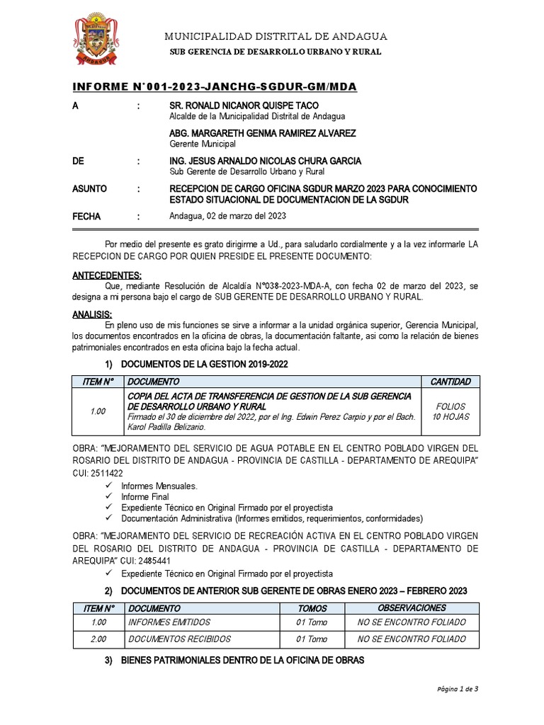 Informe #001 Recepcion de Cargo Oficina SGDUR | PDF
