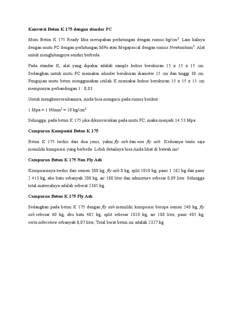 Konversi Beton K 175 ke FC 14.53 MPa | PDF