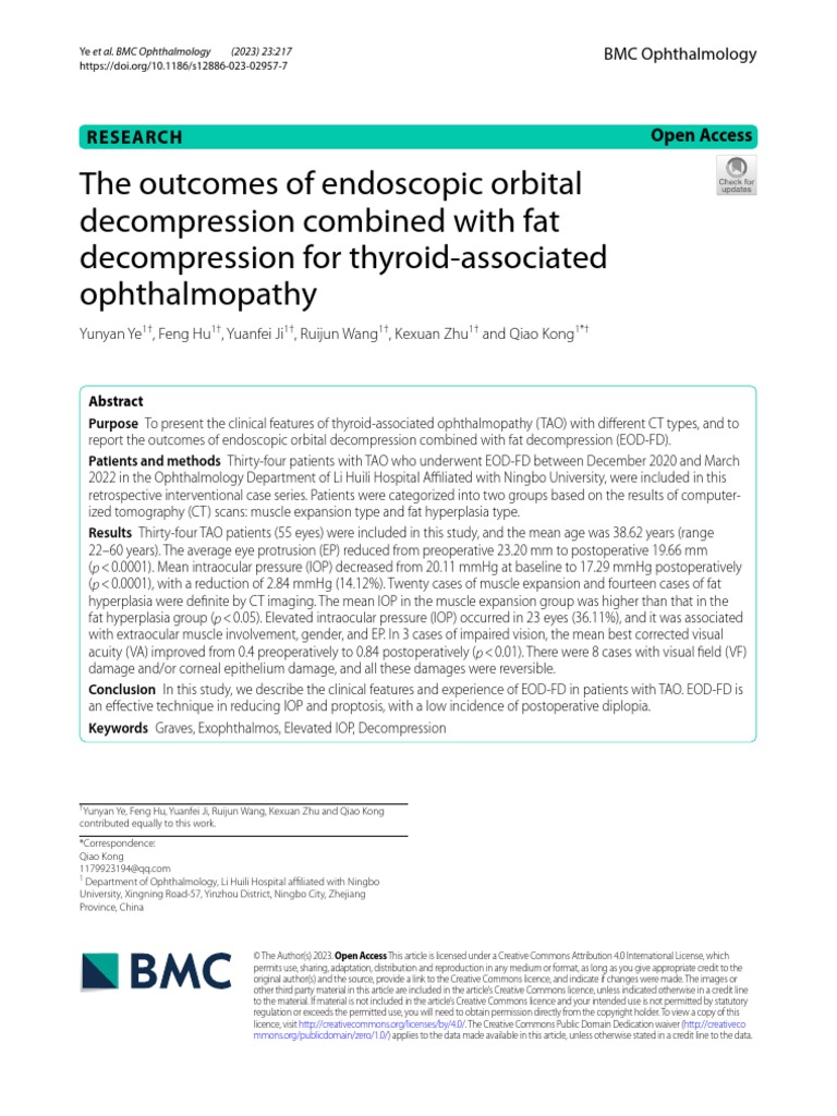 The Outcomes of Endoscopic Orbital Decompression Combined With Fat ...