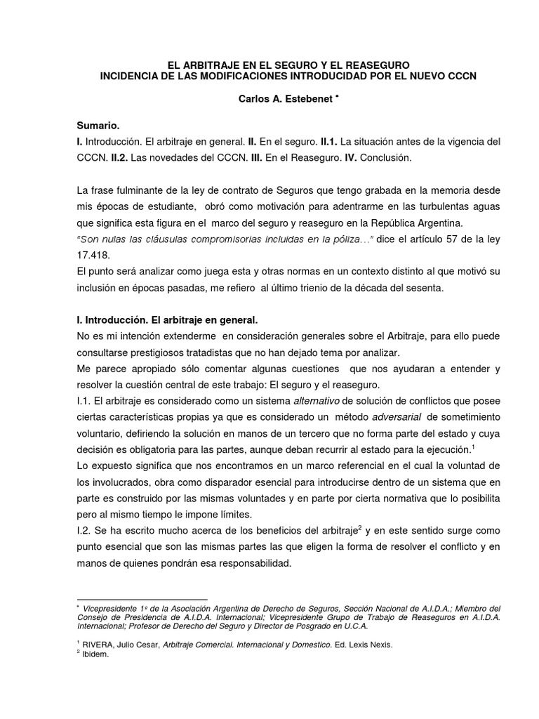 Doctrina. EL ARBITRAJE EN EL SEGURO Y EL REASEGURO. Estebenet | PDF | Arbitraje | Reaseguro