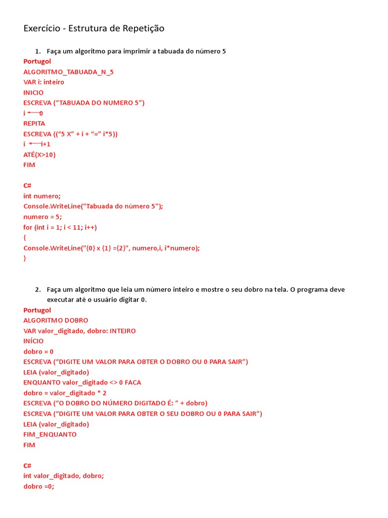 Exercício - Estrutura de Repetição | PDF | Algoritmos | Números