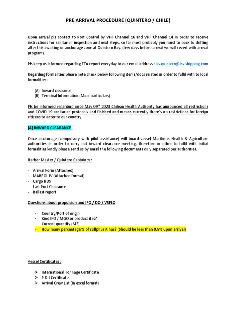 Quintero Port Pre-Arrival Procedures | PDF | Ships | Maritime Pilot