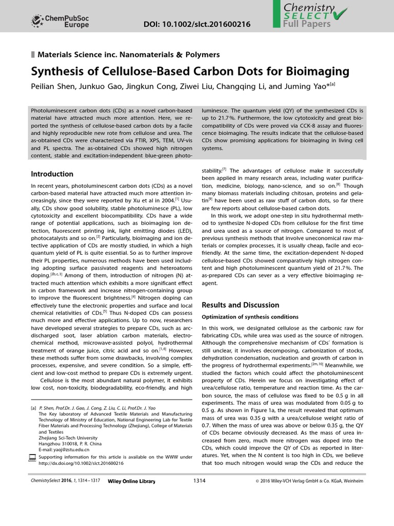 Synthesis of Cellulose Based Carbon Dots For Bioimaging | PDF