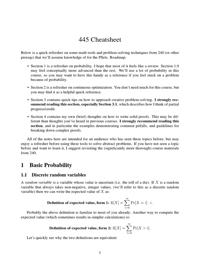 Cheatsheet 445 | PDF | Maxima And Minima | Random Variable