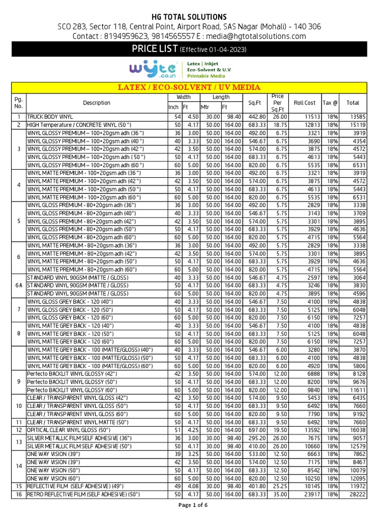 Wyte Media Price List Effective 01-04-2023 | PDF