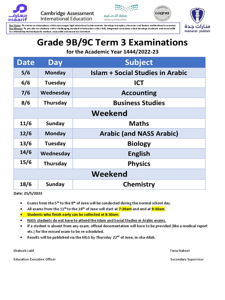 Grade 9BC - Term 3 Exam Schedule - 2022-23 | PDF