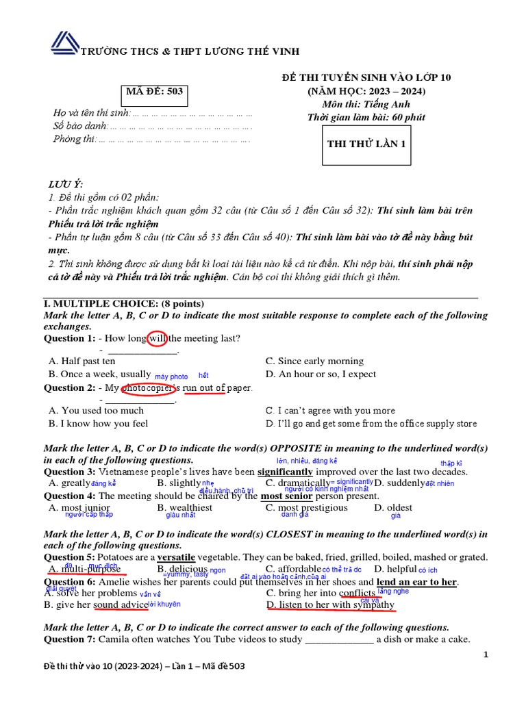 Thi Thu Lan 1 Ma de 503 | PDF