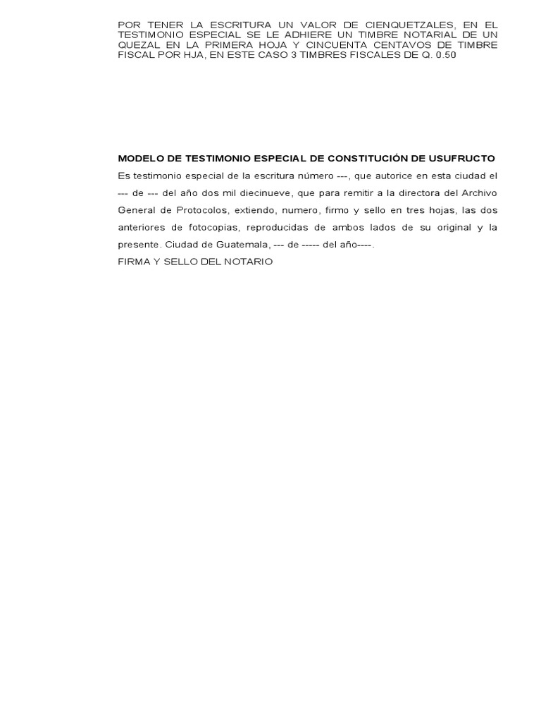 Modelo de Testimonio Especial de Constitución de Usufructo | PDF