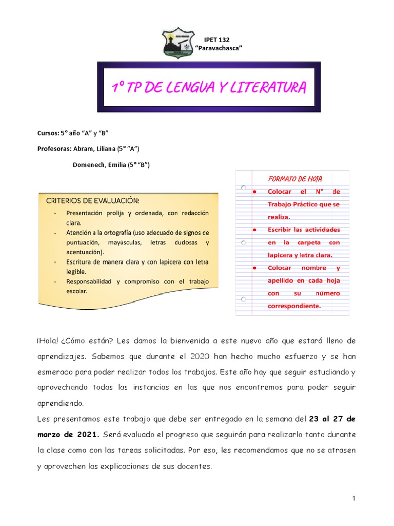 5° Año - Lengua y Literatura - 1° TP | PDF