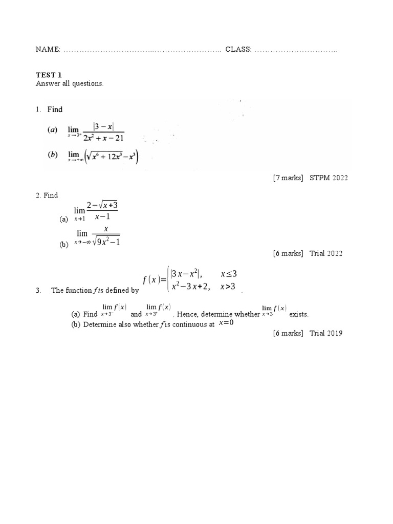 Test 1 - Sem 2 Mathematics T 2023 | PDF