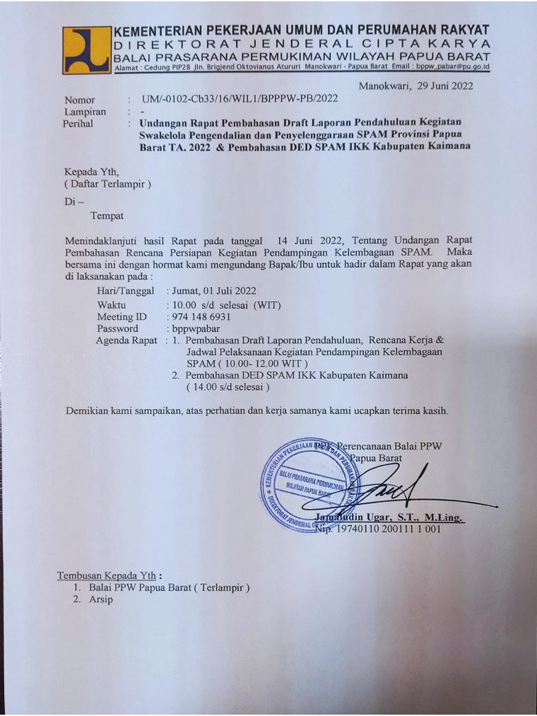 Undangan Pembahasan DED SPAM IKK Kaimana & Lapdal Kegiatan Swakelola SPAM | PDF