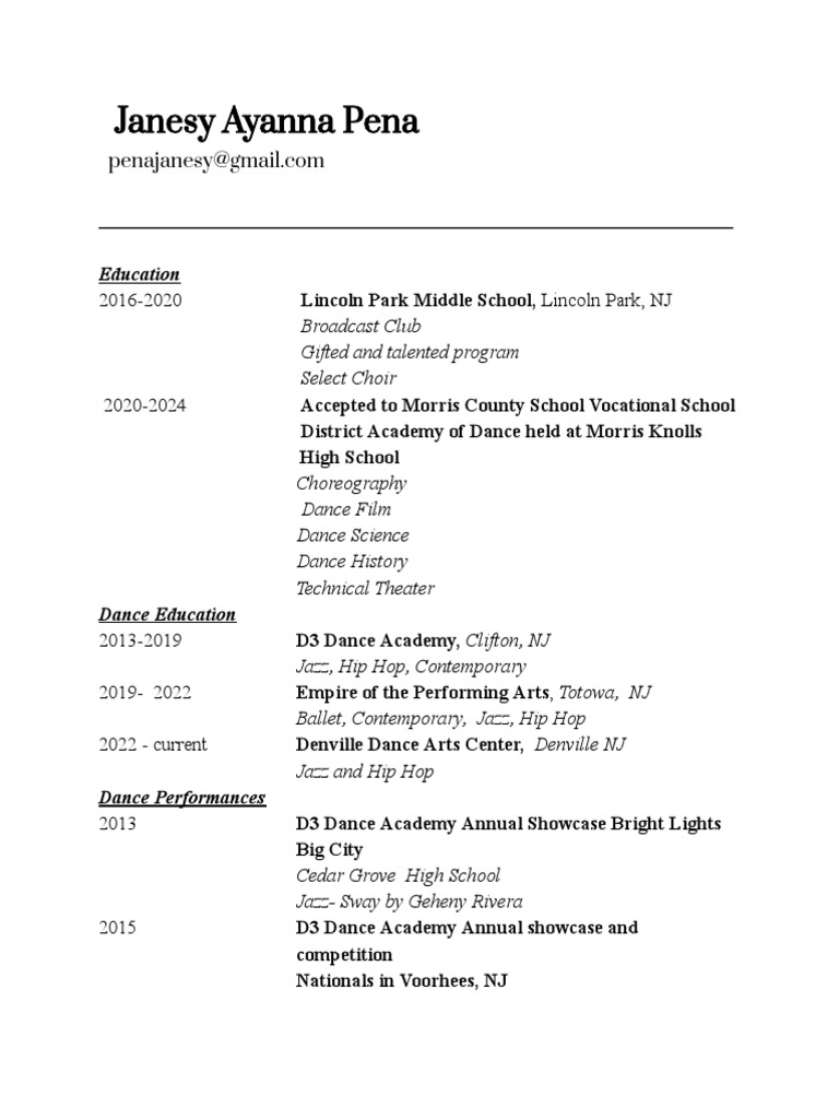 Janesy Ayanna Pena CV Draft | PDF | Dances | Entertainment