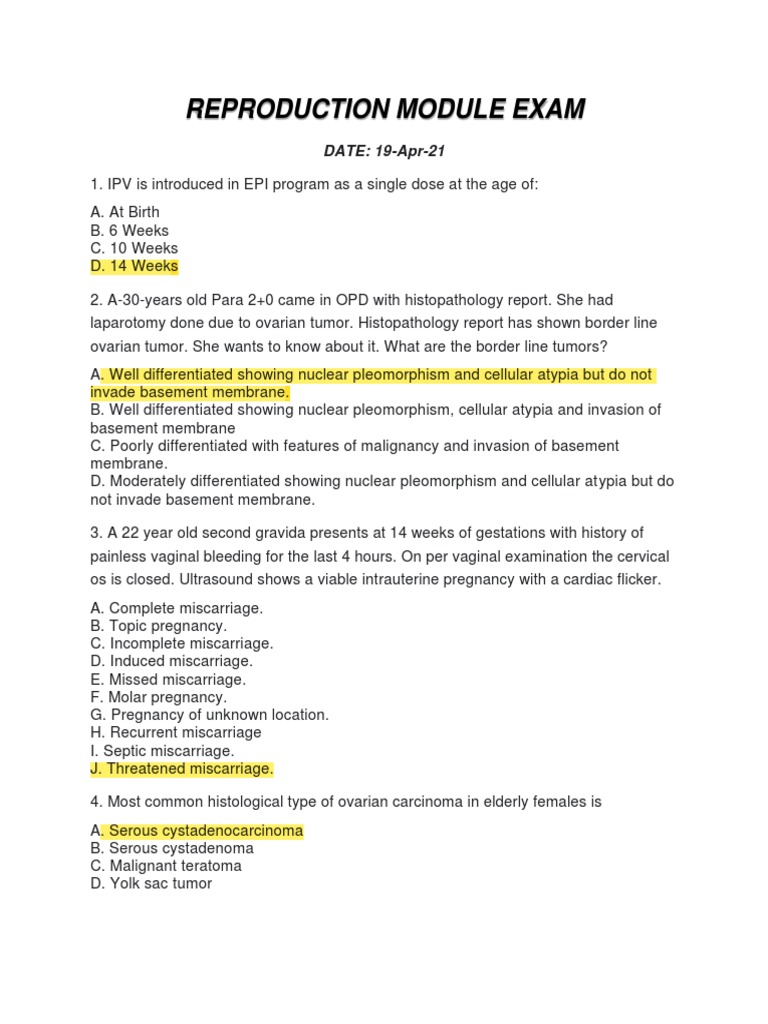 Repro Module Exam (Solved) | PDF | Miscarriage | Ovarian Cancer