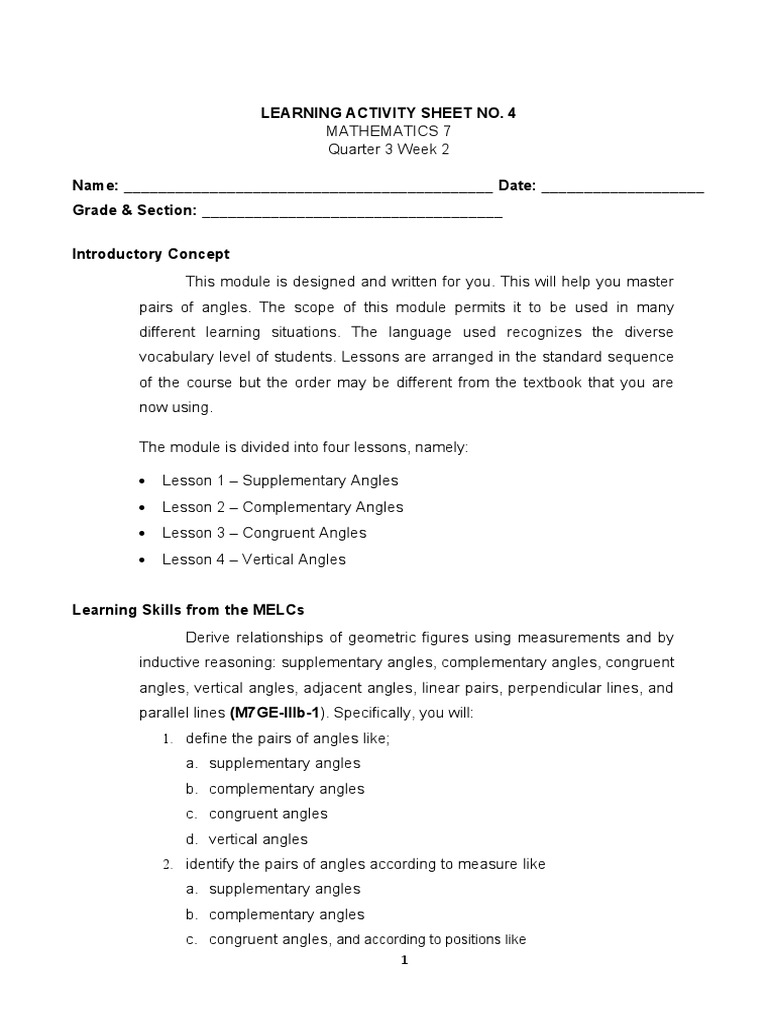 Q3 WEEK 1 2 MATH 7 Geometry Angles | PDF | Angle | Equations