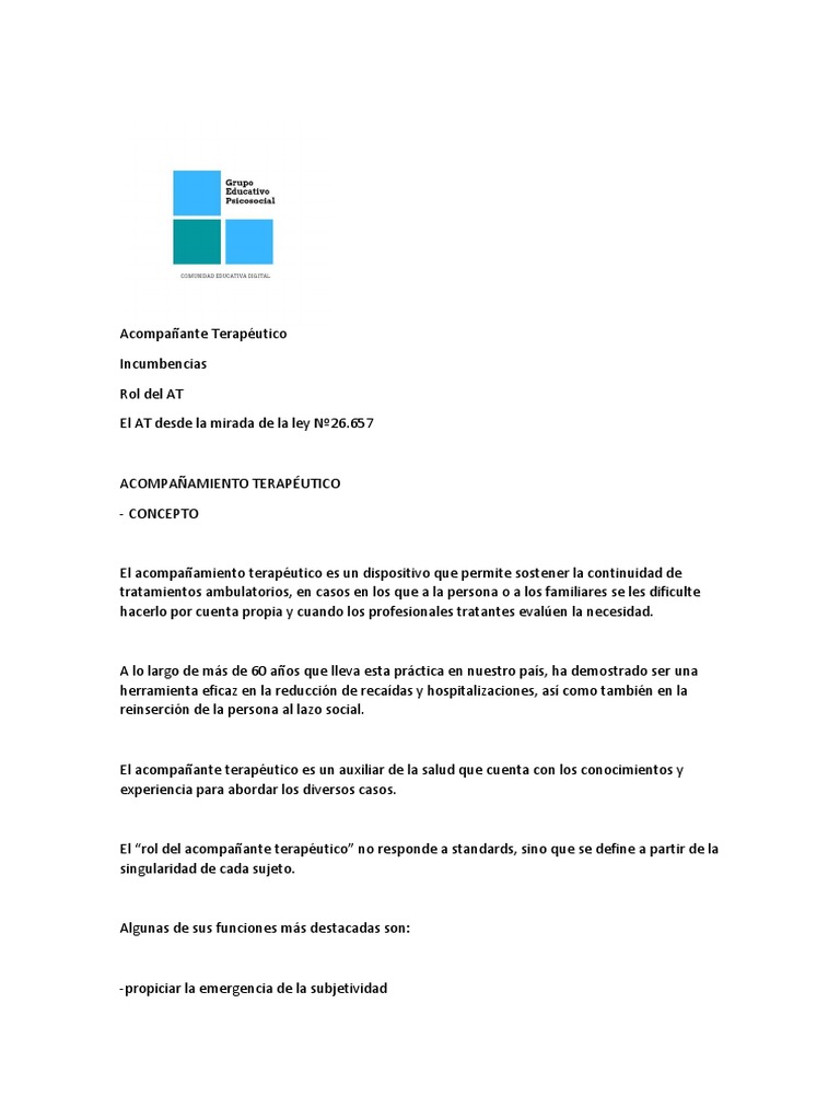 AT Rol Incumbencia Ley 26.657 | PDF | Salud mental | Sicología