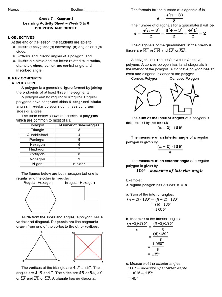 Grade 7 - Quarter 3 Learning Activity Sheet - Week 5 To 8 Polygon and ...