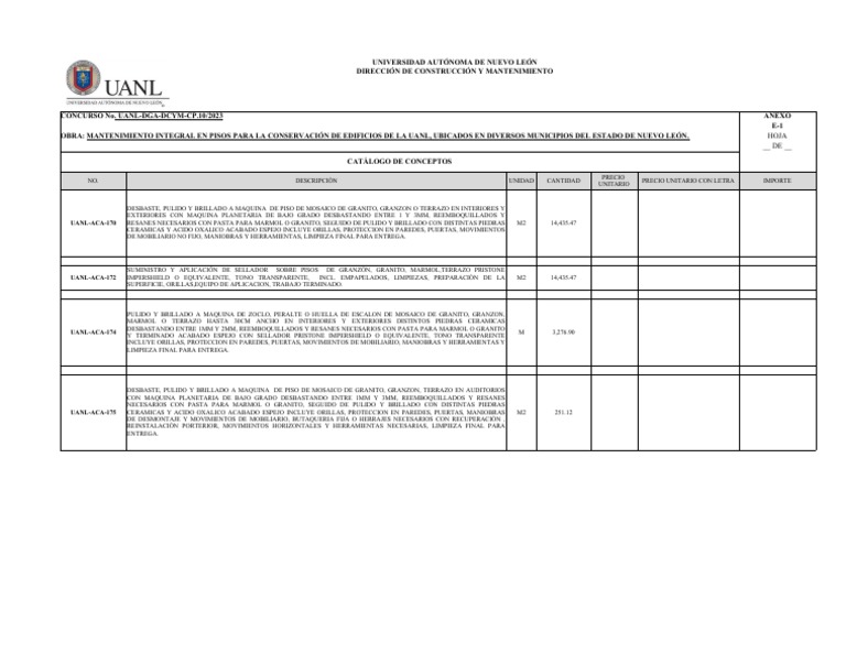 Anexo e 1 Catalogo de Conceptos - CP.10-2023 | PDF | Materiales | Rocas