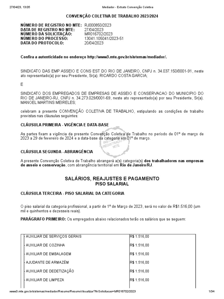CCT Asseio 2023 2024 | PDF | Salário | Acordo coletivo