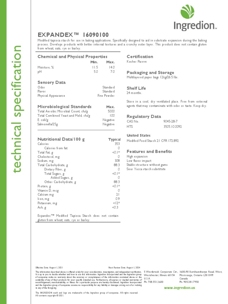 EXPANDEX 16090100 Technical Specification | PDF | Taste | Starch