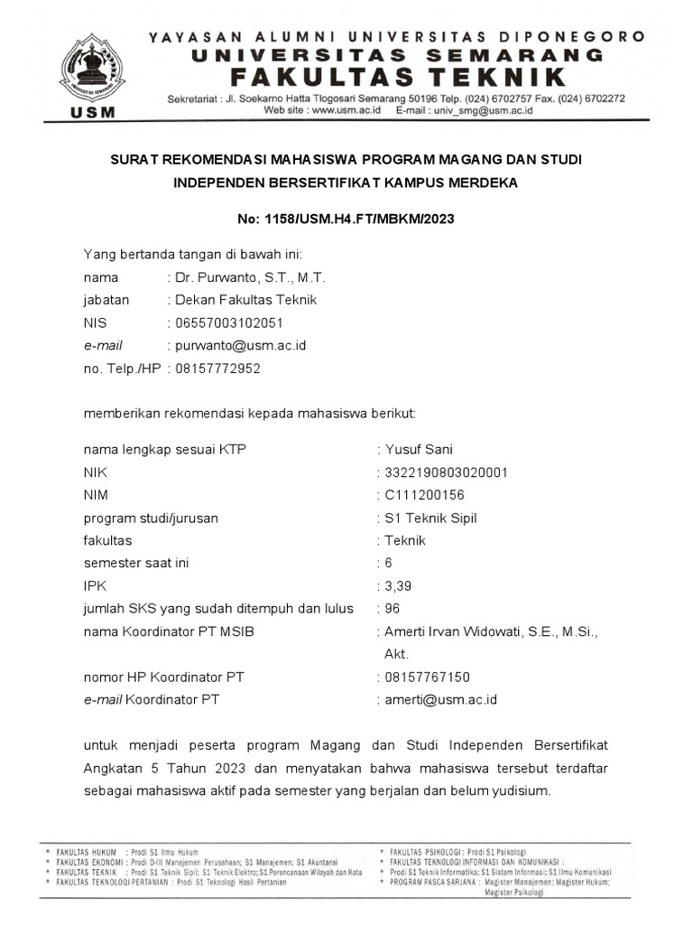 (Format) Surat Rekomendasi PT Untuk Mahasiswa Program MSIB Angkatan 5 | PDF