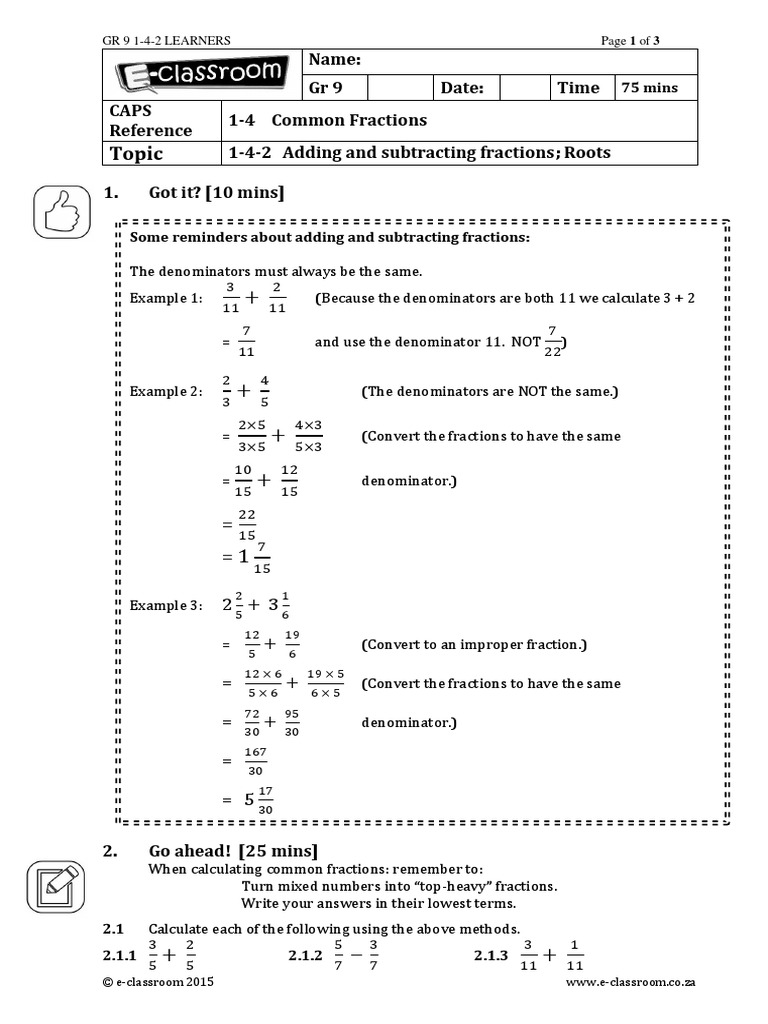 gr9t1 Ma 1 4 Common Fractions 2 Addition Subtraction and Roots Learners ...