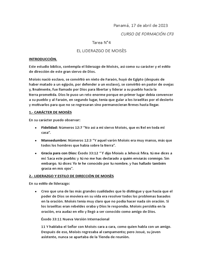 Tarea 4 CF3 - Bosquejo de El Liderazgo de Moises PDF | PDF | Moisés ...