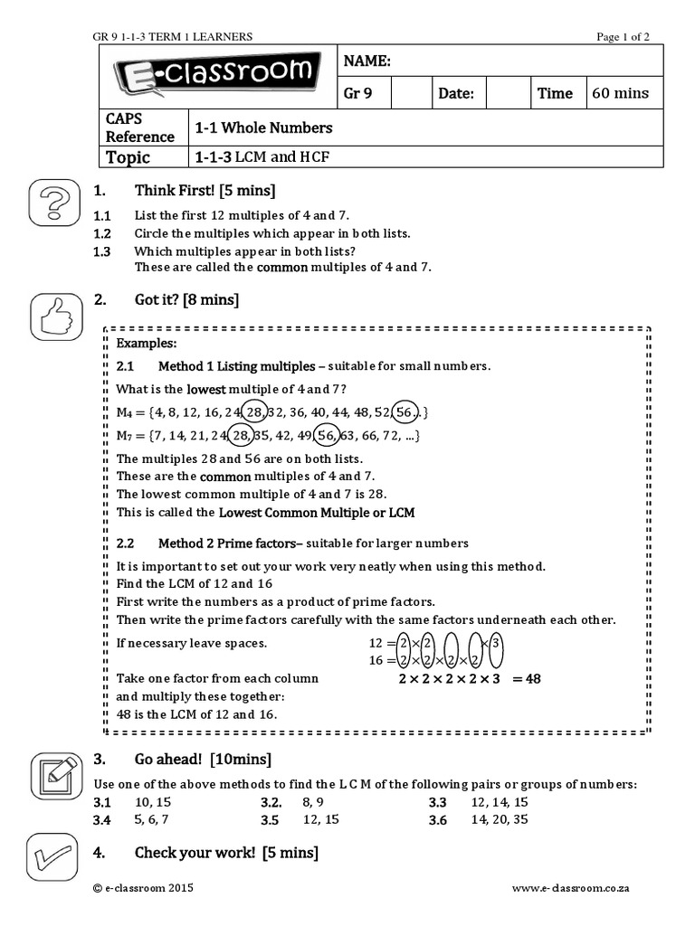 gr9t 1ma 1 1 3 HCF LCM Learners | PDF | Mathematics | Elementary ...