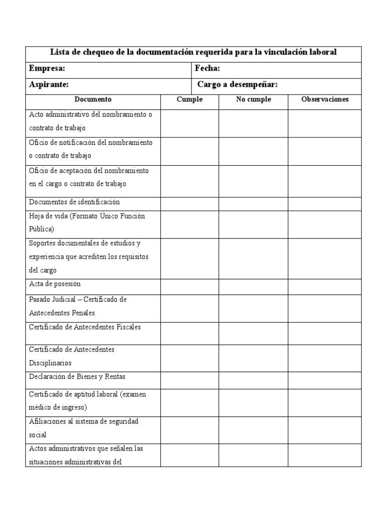 Lista de Chequeo de La Documentación para La Vinculación Laboral | PDF