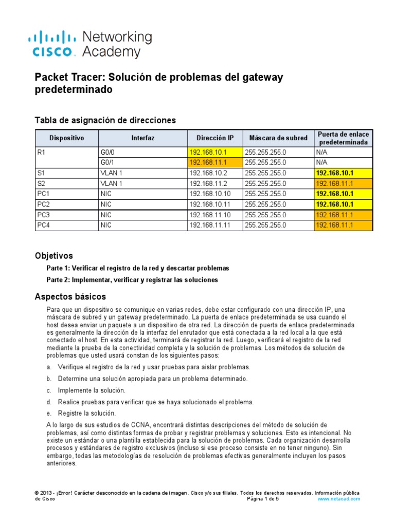 10.3.5 Packet Tracer - Troubleshoot Default Gateway Issues | PDF