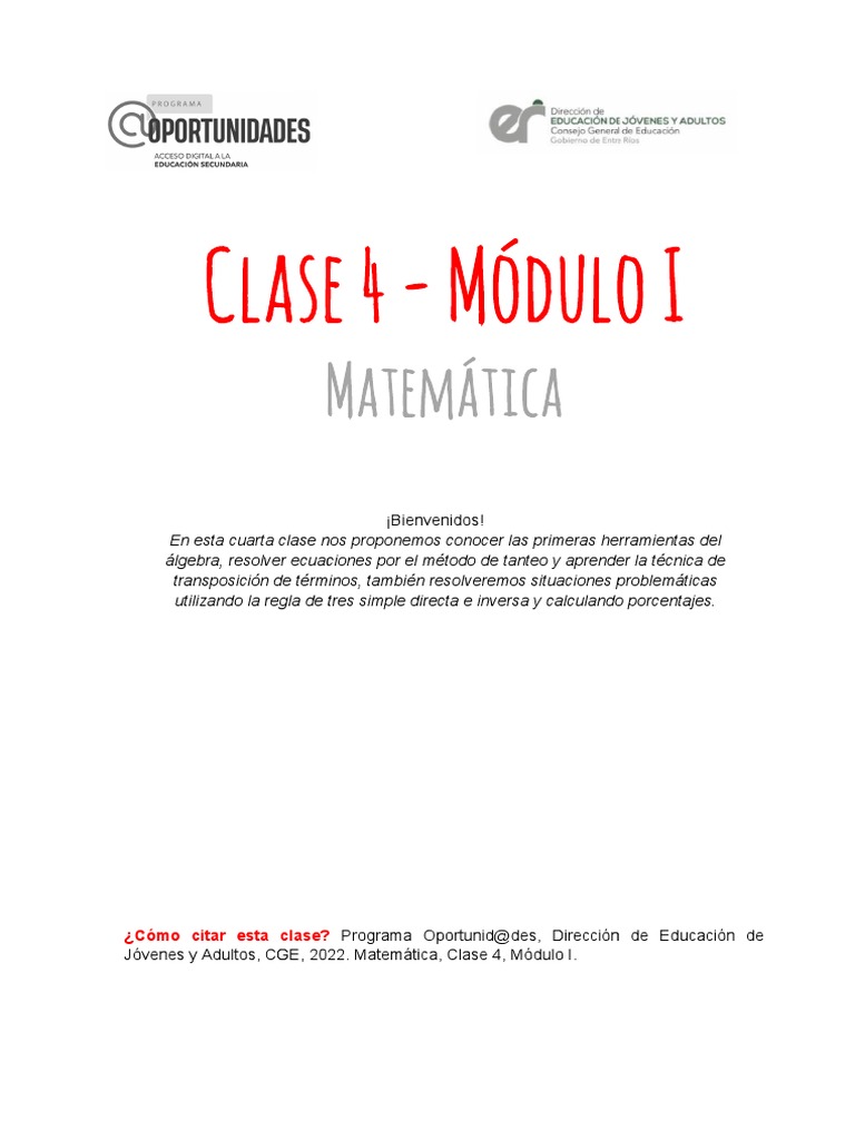 Matemática - Mód. 1 - Clase 4 | PDF | Álgebra | Ecuaciones