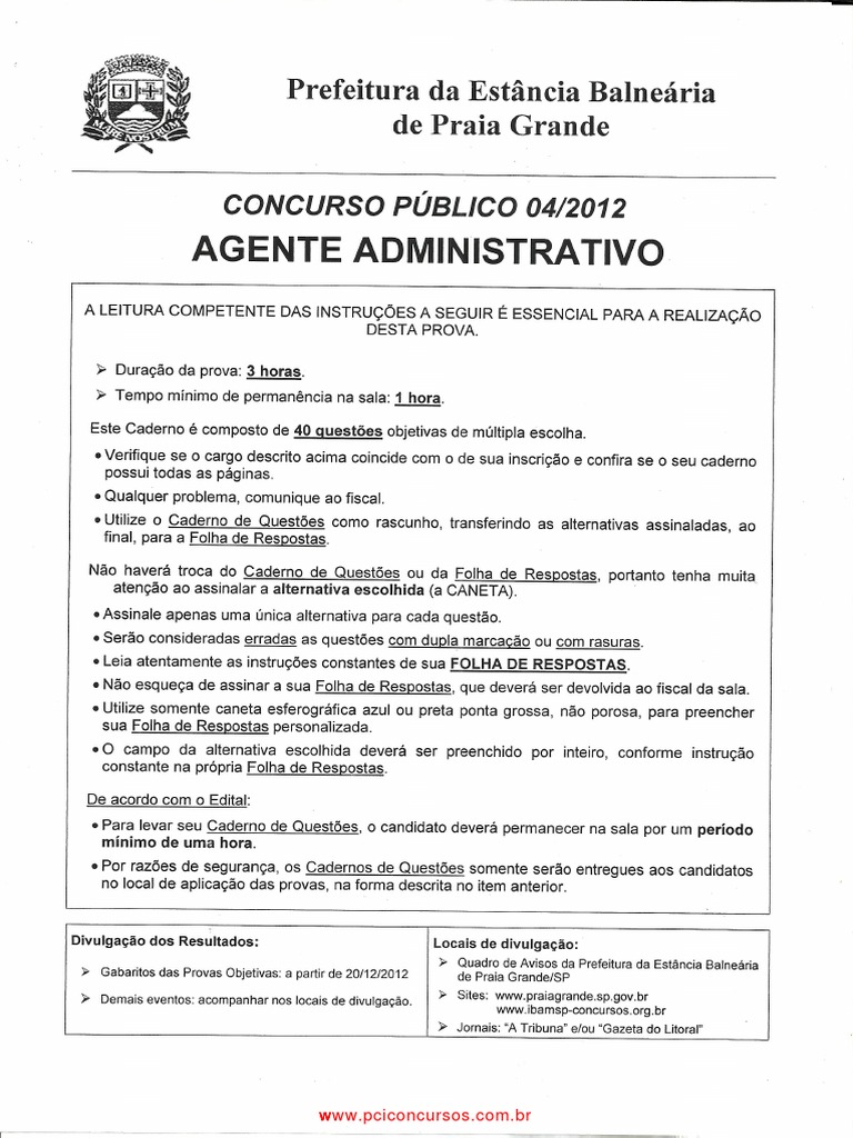 Prova Agente Administrativo | PDF Prova Agente Administrativo | PDF