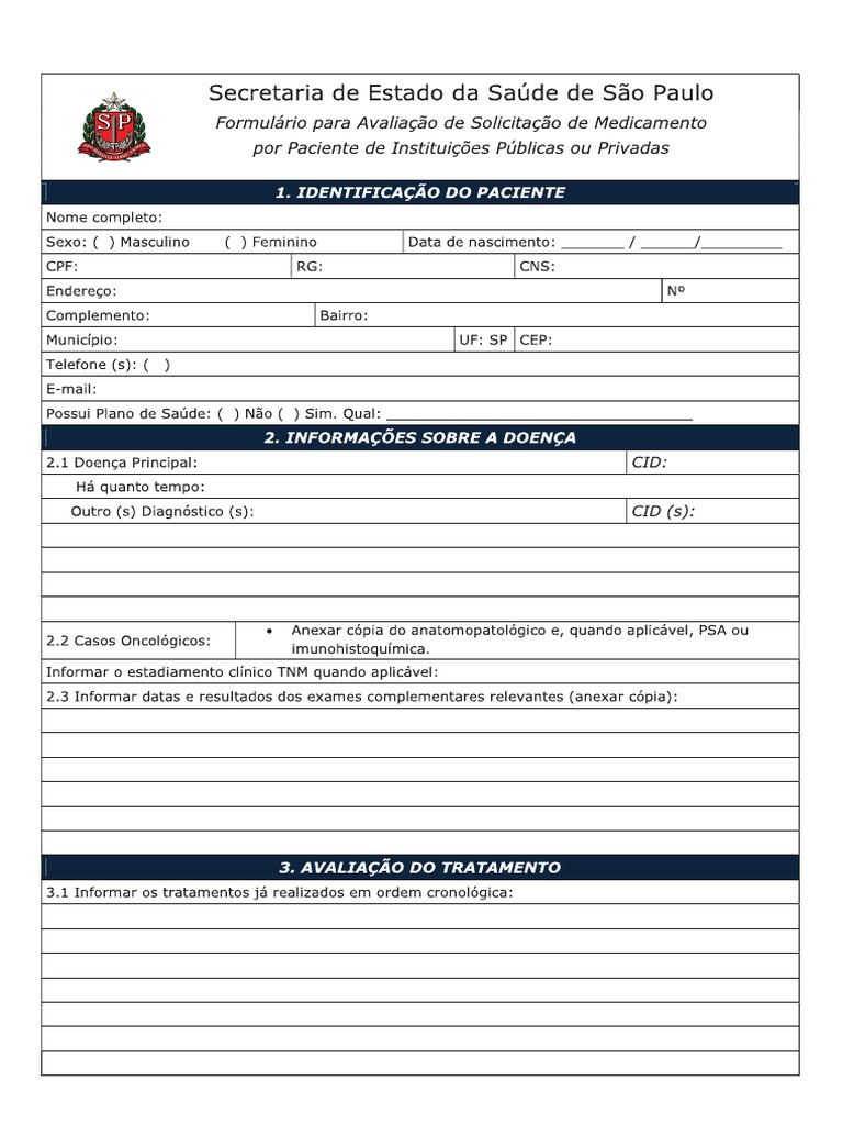 Formulario para Avaliação de Solicitação de Medicamentos Por Paciente ...