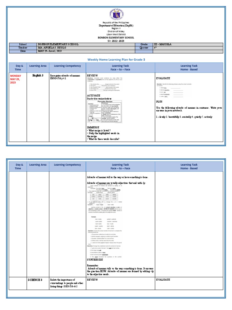 GRADE 3 - ALL SUBJECTS - WHLP - Q4 - W2 - May 29 June 1 3023 | PDF | Adverb | Linguistic Morphology