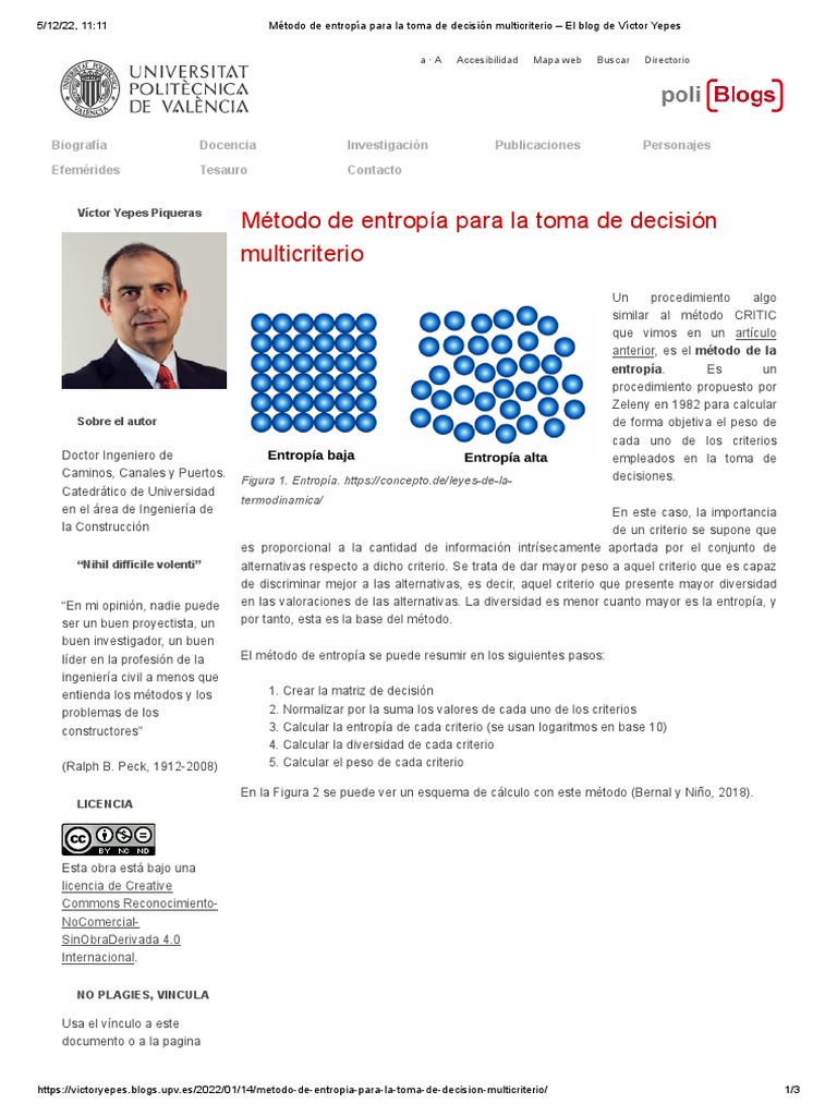 Método de Entropía para La Toma de Decisión Multicriterio - El Blog de Víctor Yepes | PDF ...